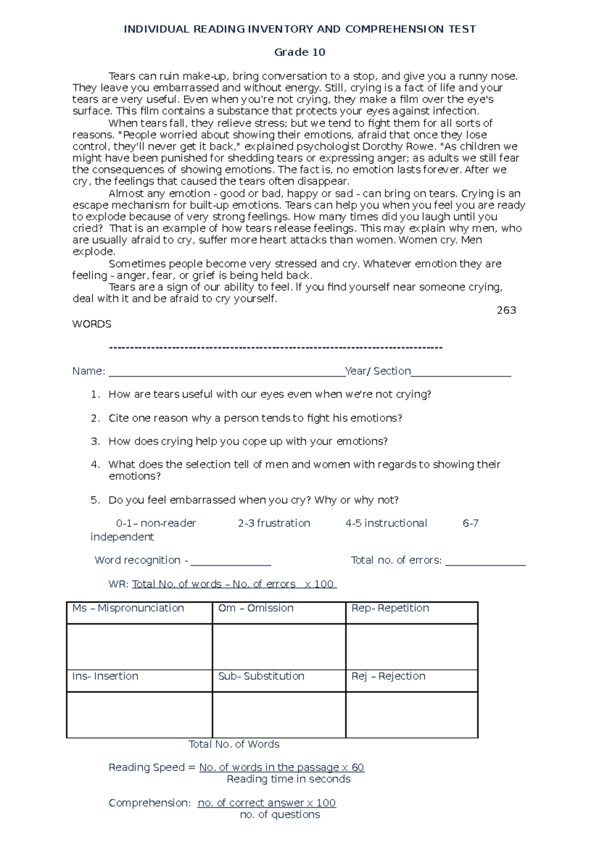 Individual Reading Inventory and Comprehension Test - INDIVIDUAL ...