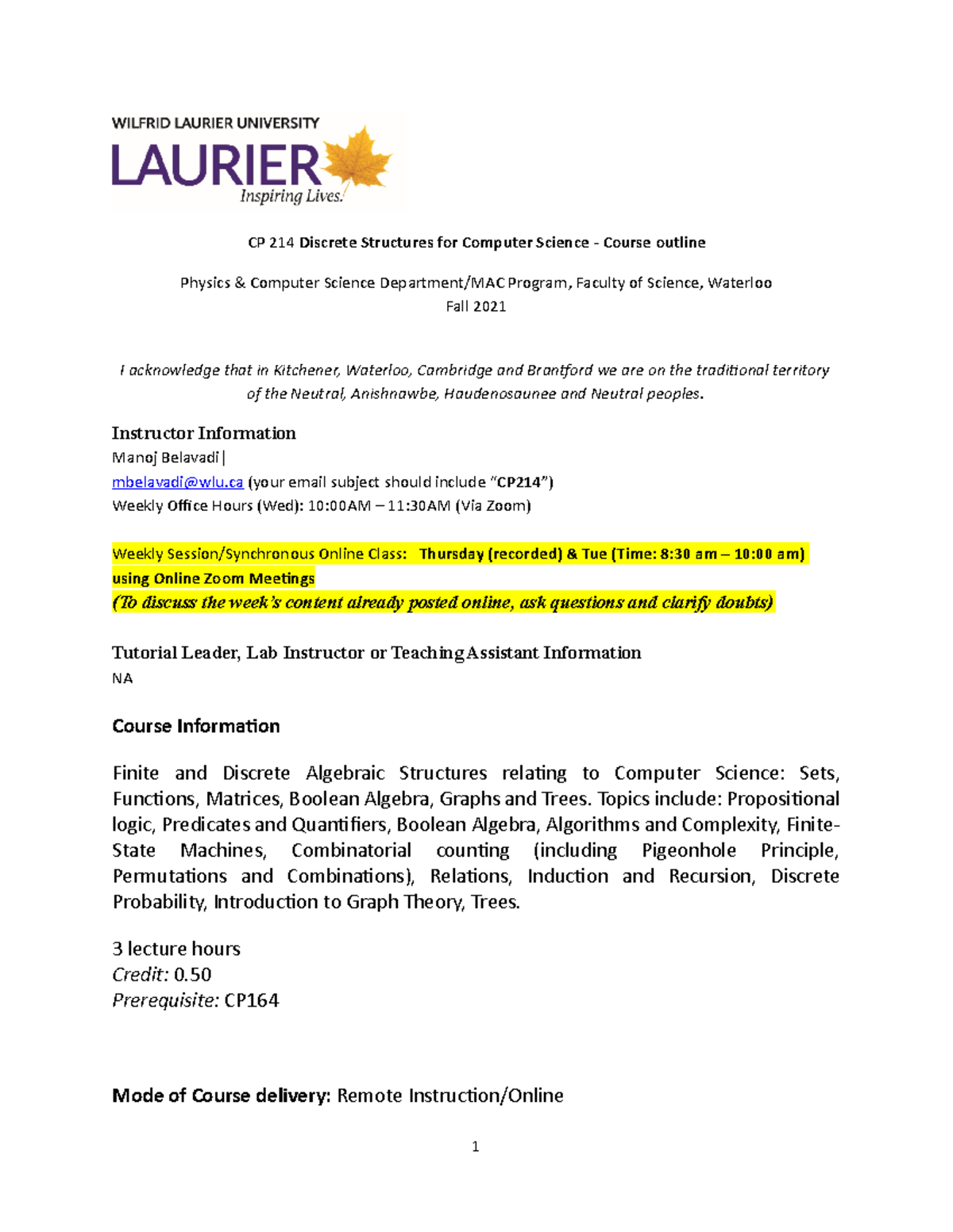 Course Outline cp214 introduction 2020 - CP 214 Discrete Structures for Computer Science ...