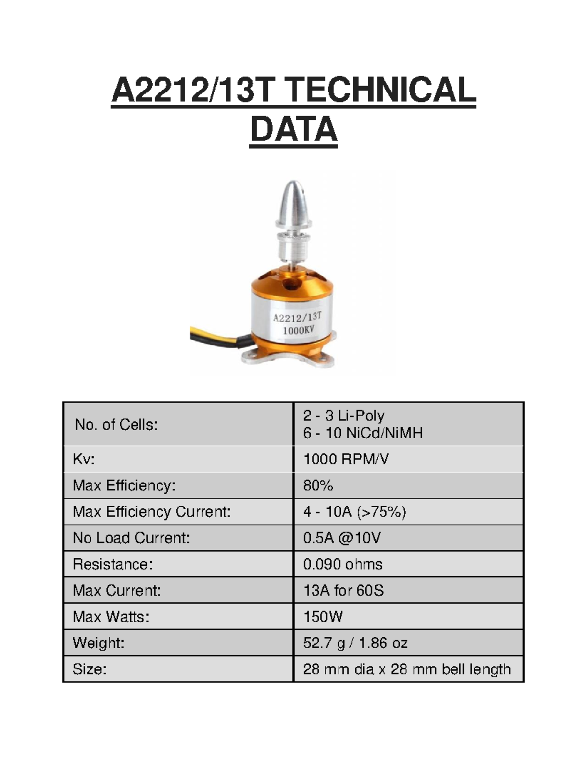 Motor A2212 - A2212/13T TECHNICAL DATA No. of Cells: 2 - 3 Li-Poly 6 ...