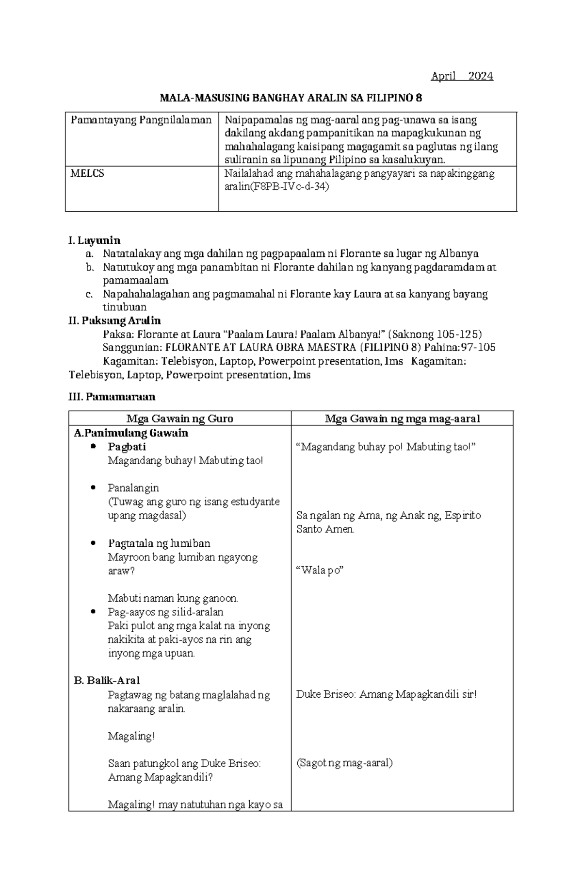 Detailed LP - Lesson Plan Grade-8 Filipino - April 2024 MALA-MASUSING BANGHAY ARALIN SA FILIPINO ...