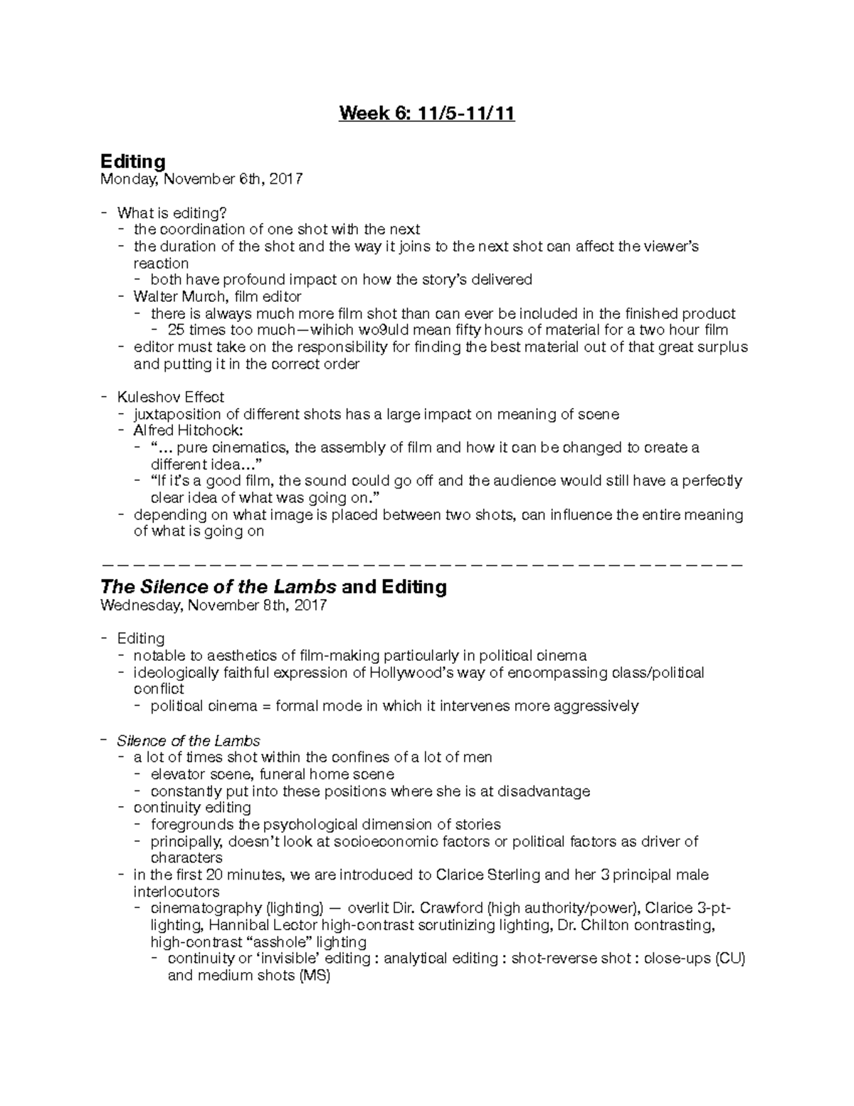Week 6 - Lecture notes 6 - Week 6: 11/5-11/11 Editing Monday, November ...