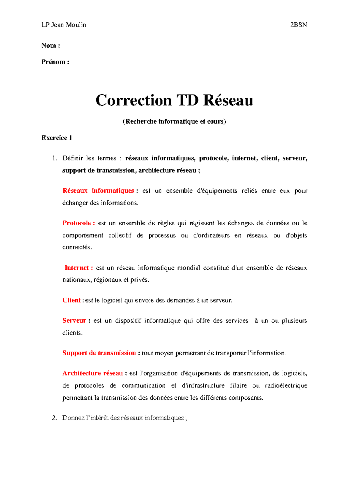 Correction TD Réseau - Nom : Prénom : Correction TD Réseau (Recherche informatique et cours ...