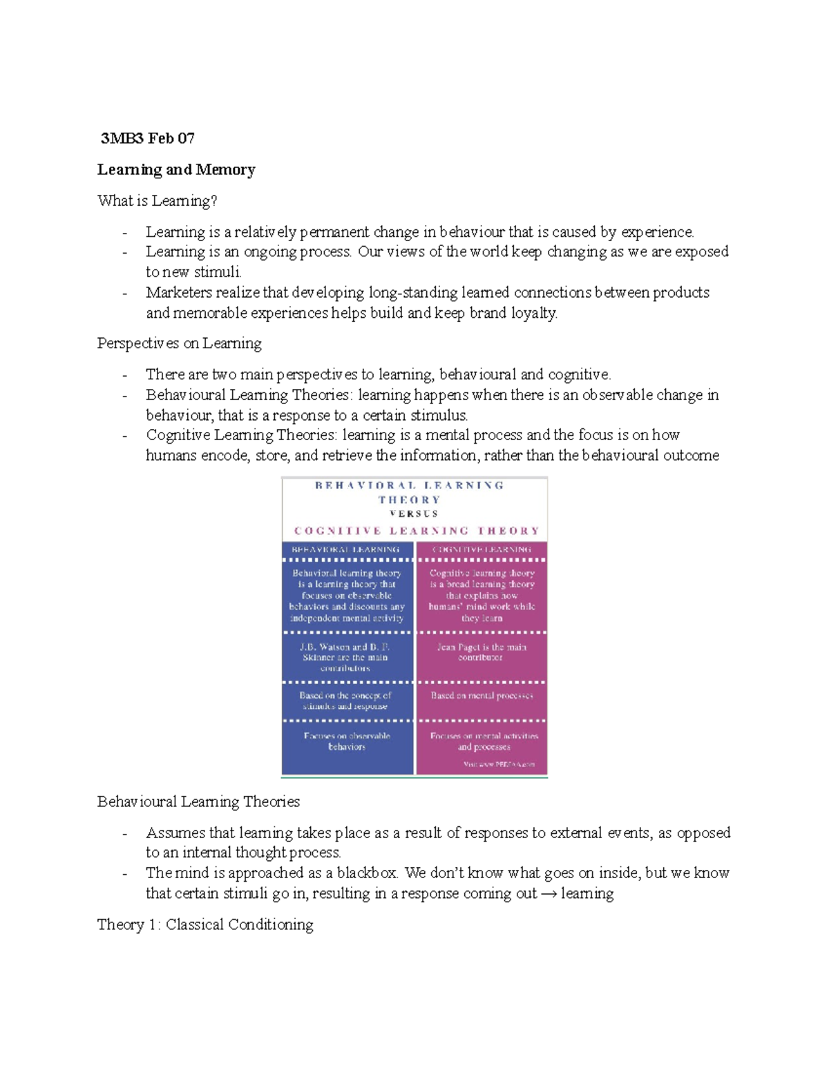 Learning Theories Feb 7 - 3MB3 Feb 07 Learning and Memory What is Learning? Learning is a ...