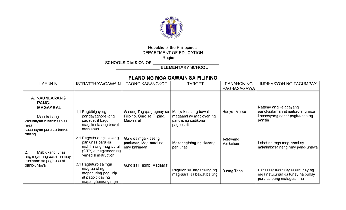 Action plan in Filipino - Republic of the Philippines DEPARTMENT OF ...