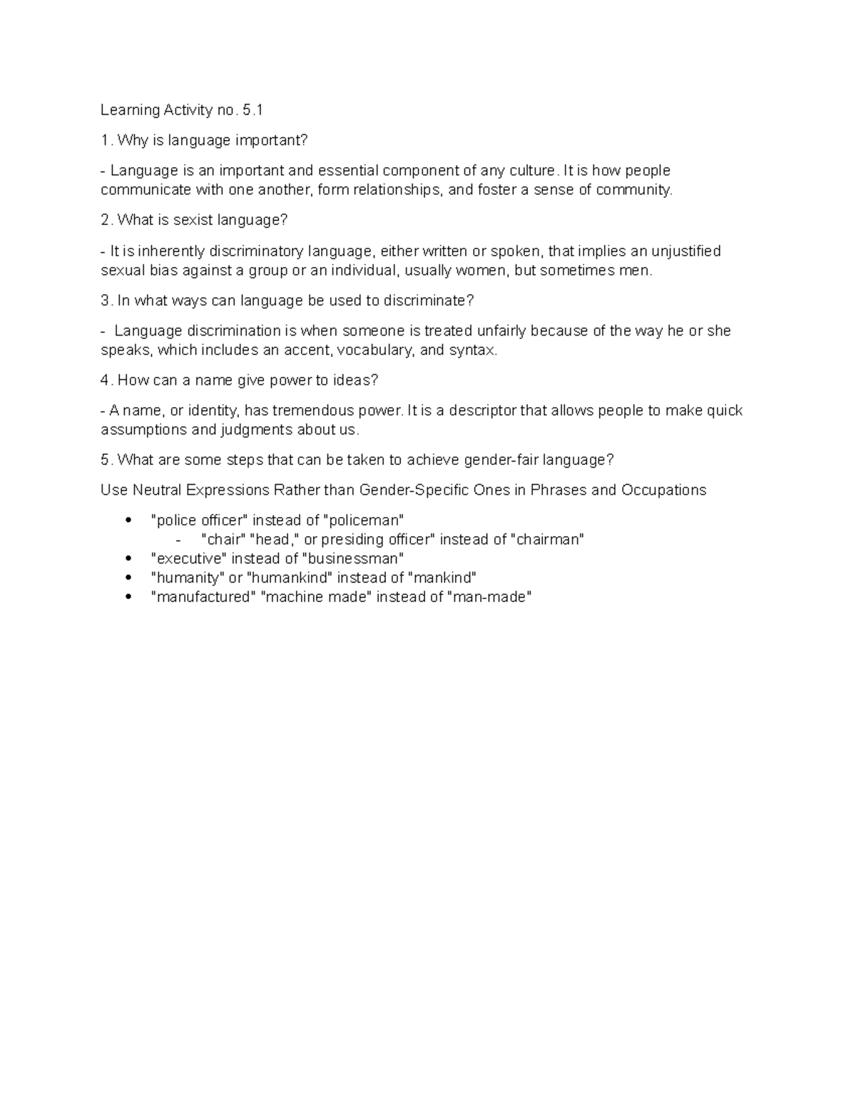 Learning Activity no - 5. Why is language important? Language is an ...