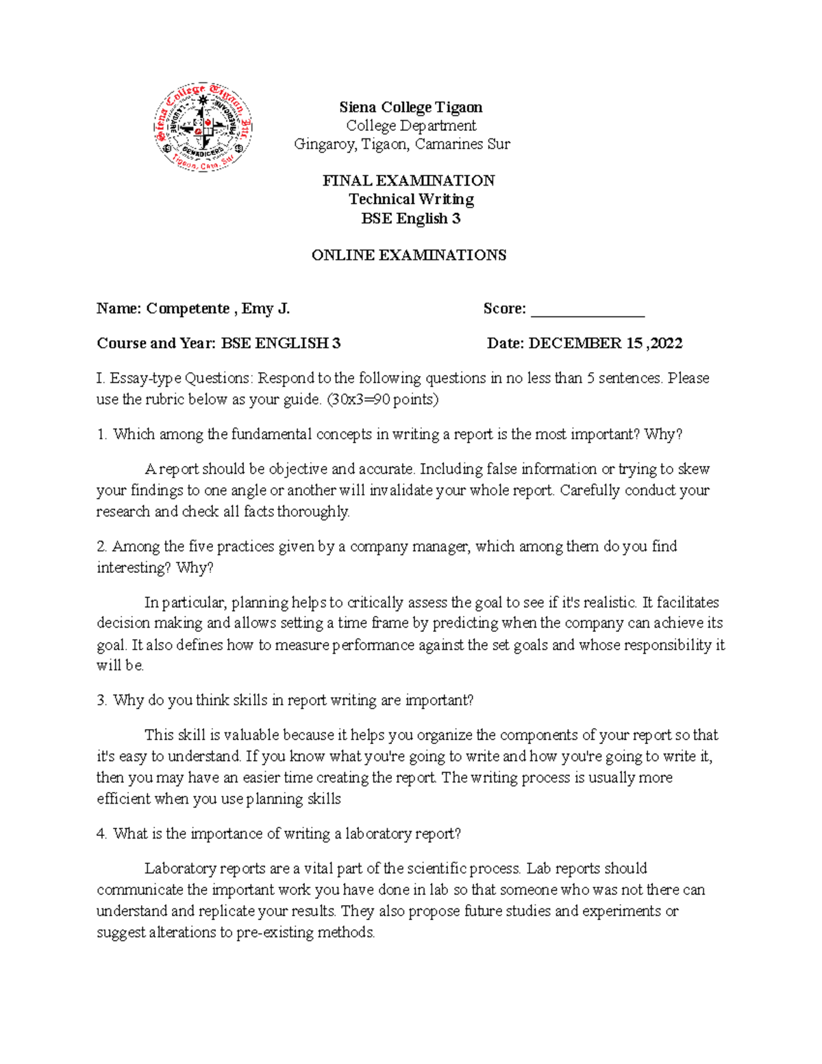 Technical Writing Final EXAM Competente - Siena College Tigaon College ...