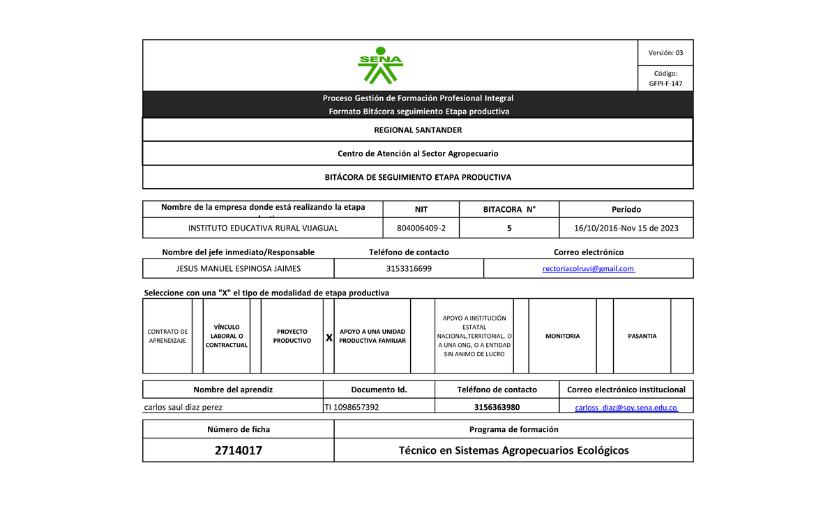 GFPI F 147 Bitácora - Resumen sistemas de informacion - Versión: 03 ...