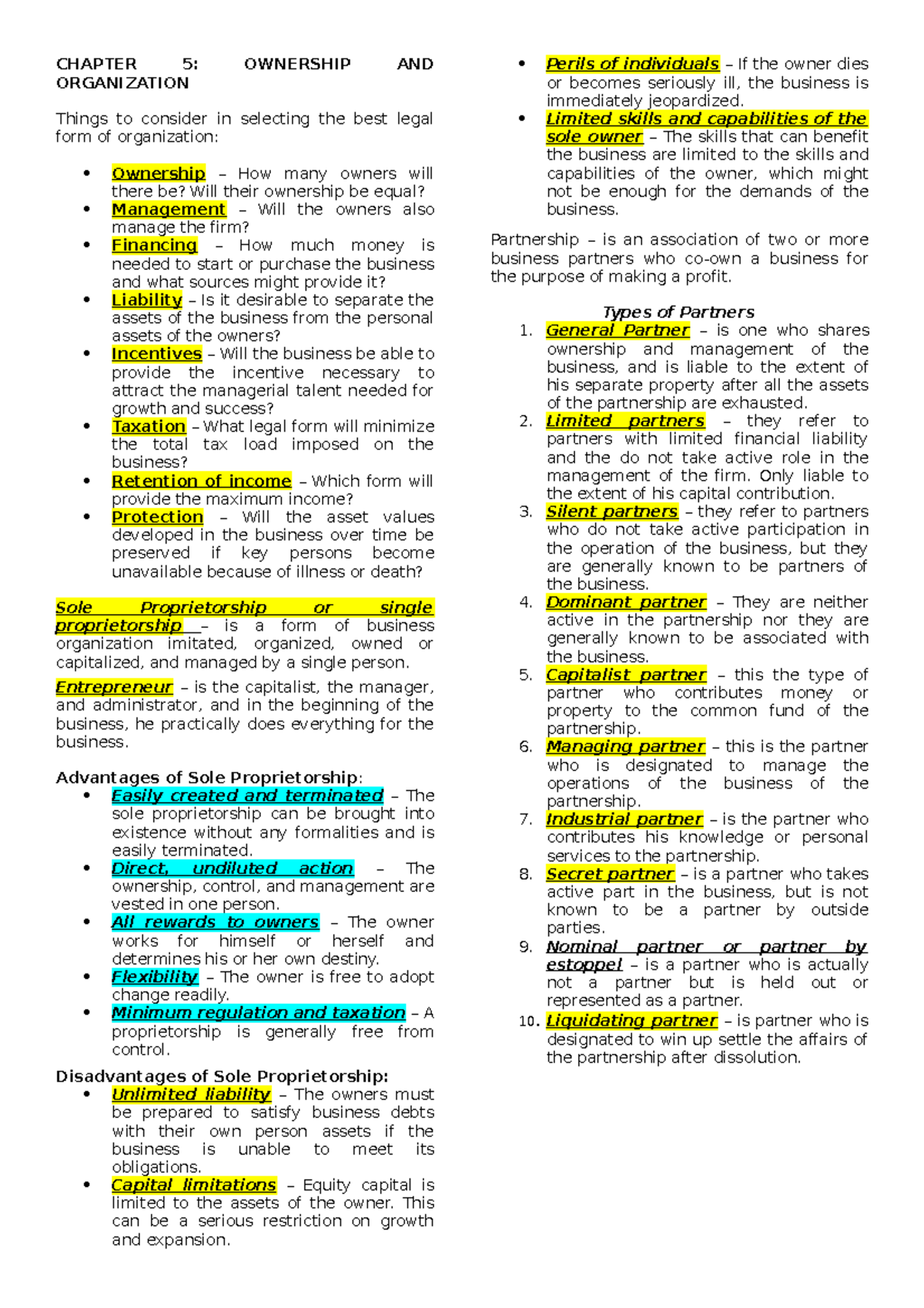 Chapter 5 Notes - CHAPTER 5: OWNERSHIP AND ORGANIZATION Things to ...