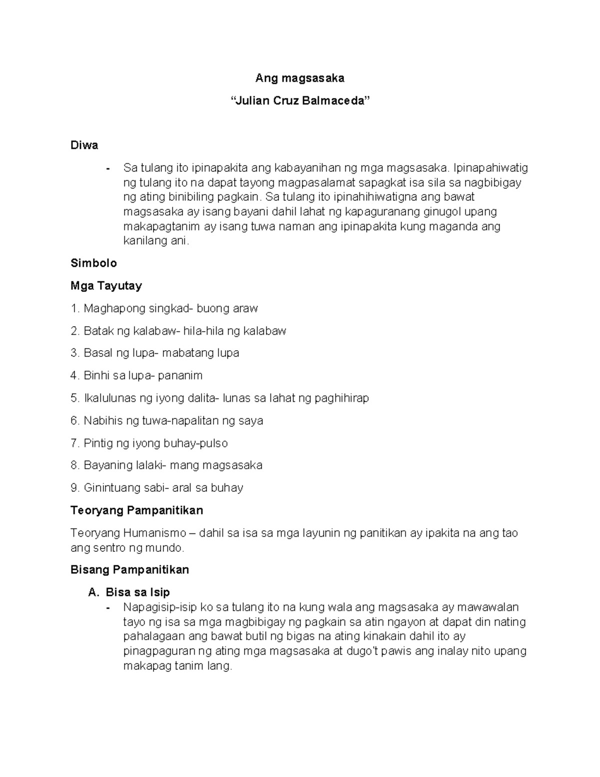 Ang magsasaka - N/Adfhdgfh - Ang magsasaka “Julian Cruz Balmaceda” Diwa ...