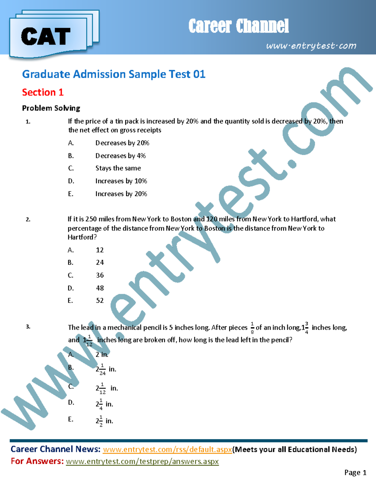 Graduate admission sample test 01 - CAT entrytest Career Channel News ...