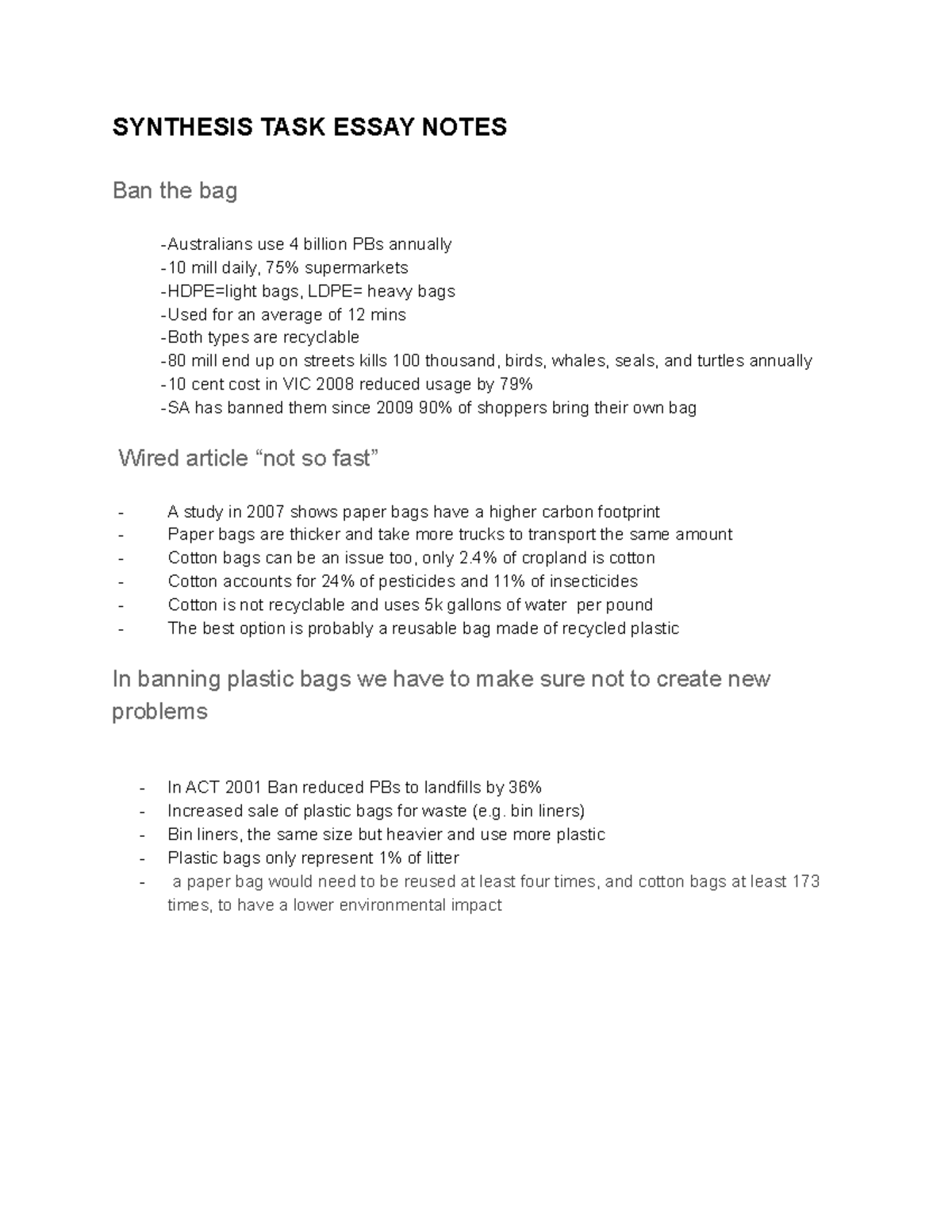 Bag essay notes - SYNTHESIS TASK ESSAY NOTES Ban the bag -Australians ...