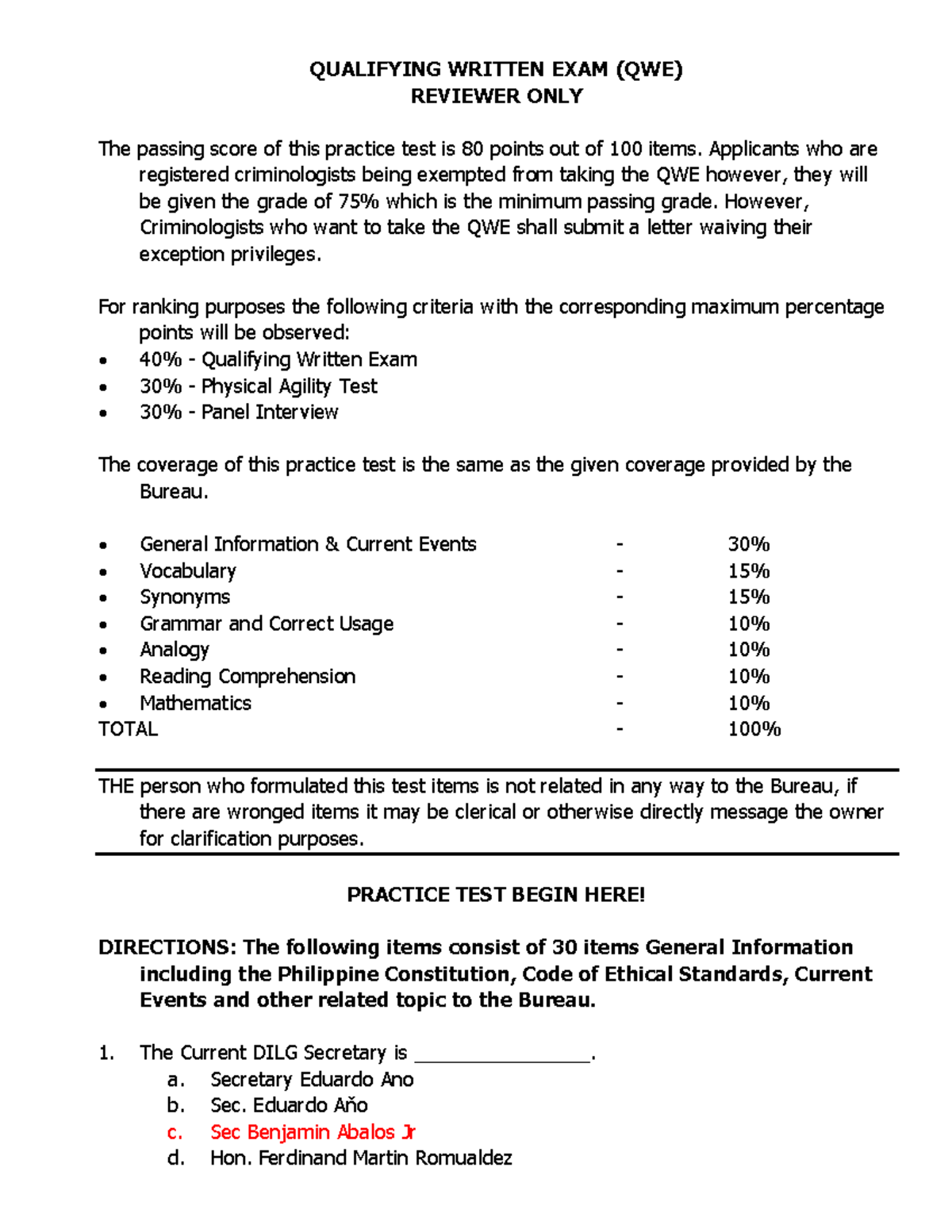 Qualifying Written EXAM Answer KEY - QUALIFYING WRITTEN EXAM (QWE ...