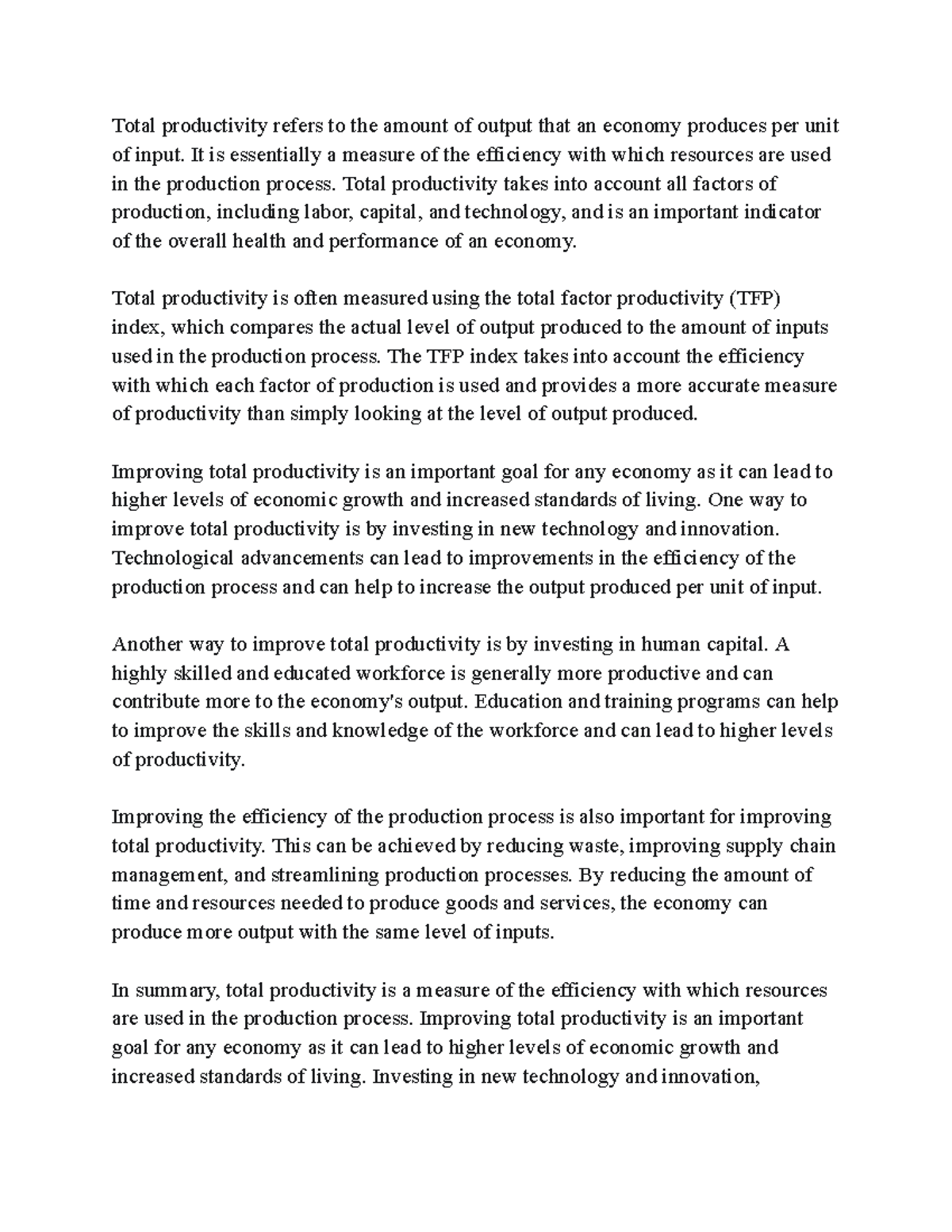 AP Macroeconomics Notes total productivity - Total productivity refers ...