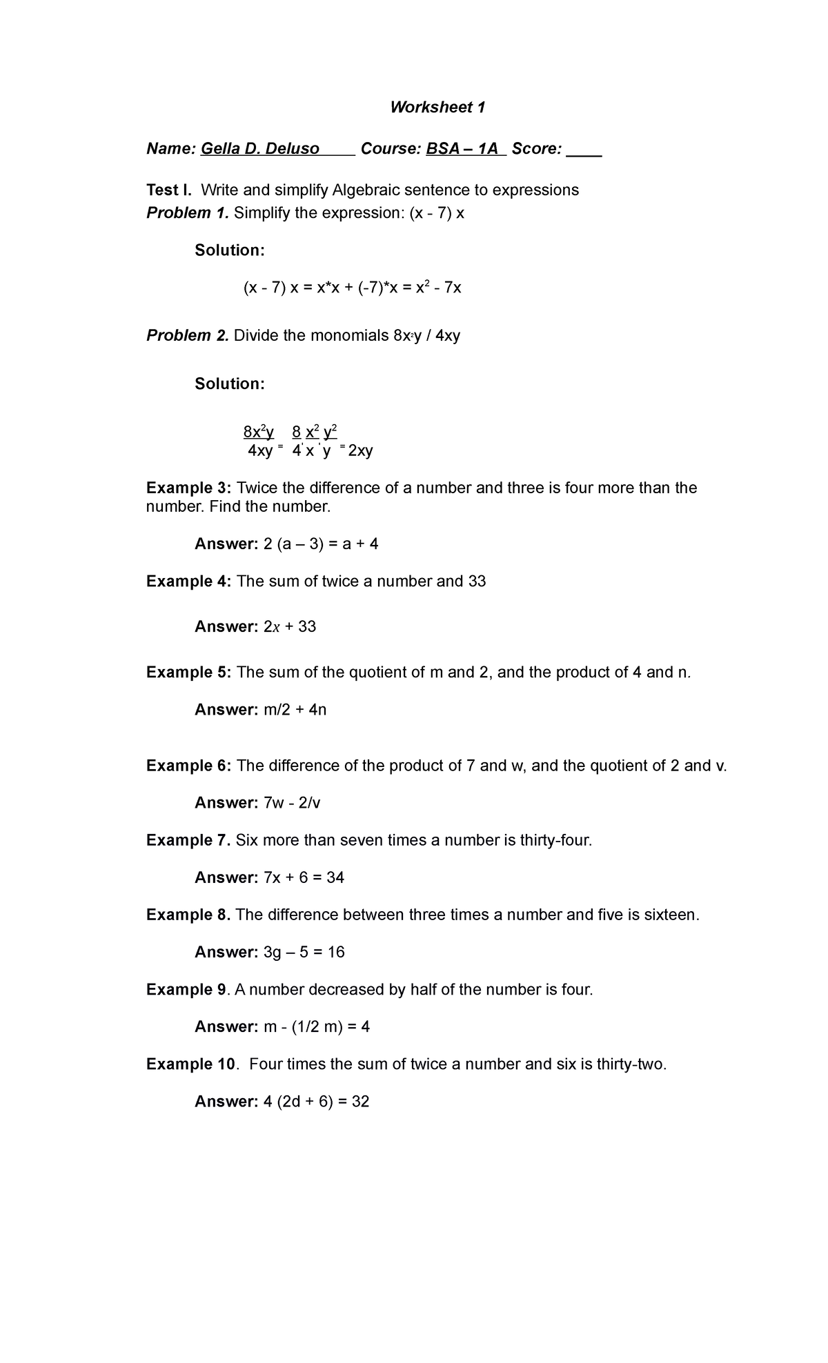 Worksheet 1 quiz 2 in general mathematics - Worksheet 1 _Name: Gella D ...