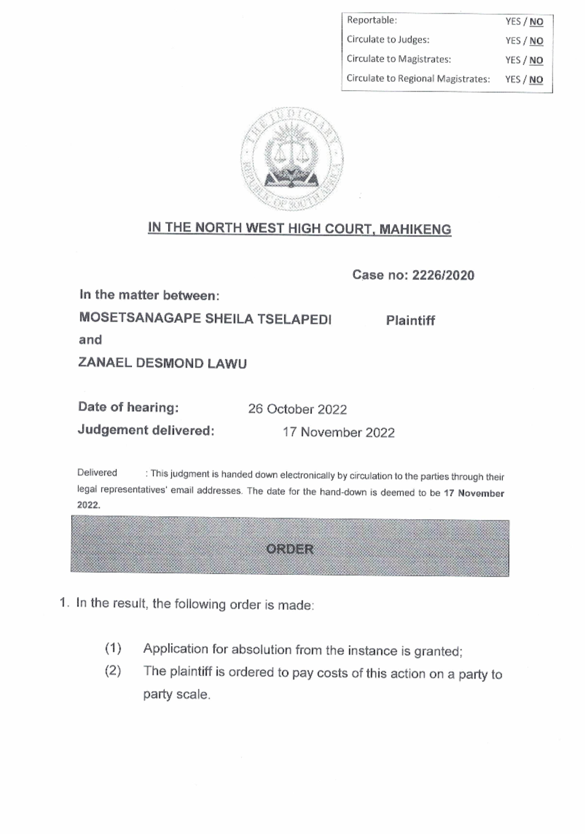 Mosetsanagape Tselapedi 11172022 Judgement - Reportable: YES NO ...