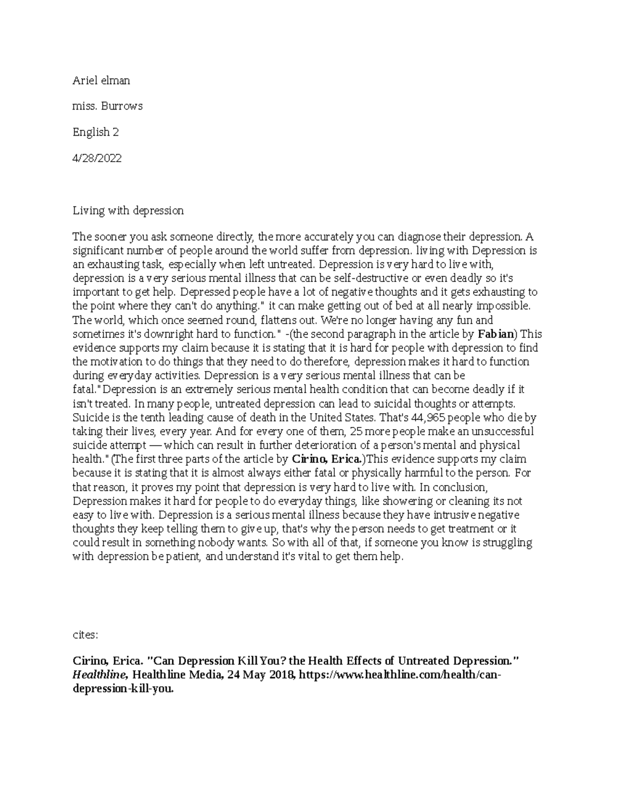 Depression research essay part 2 - Ariel elman miss. Burrows English 2 ...