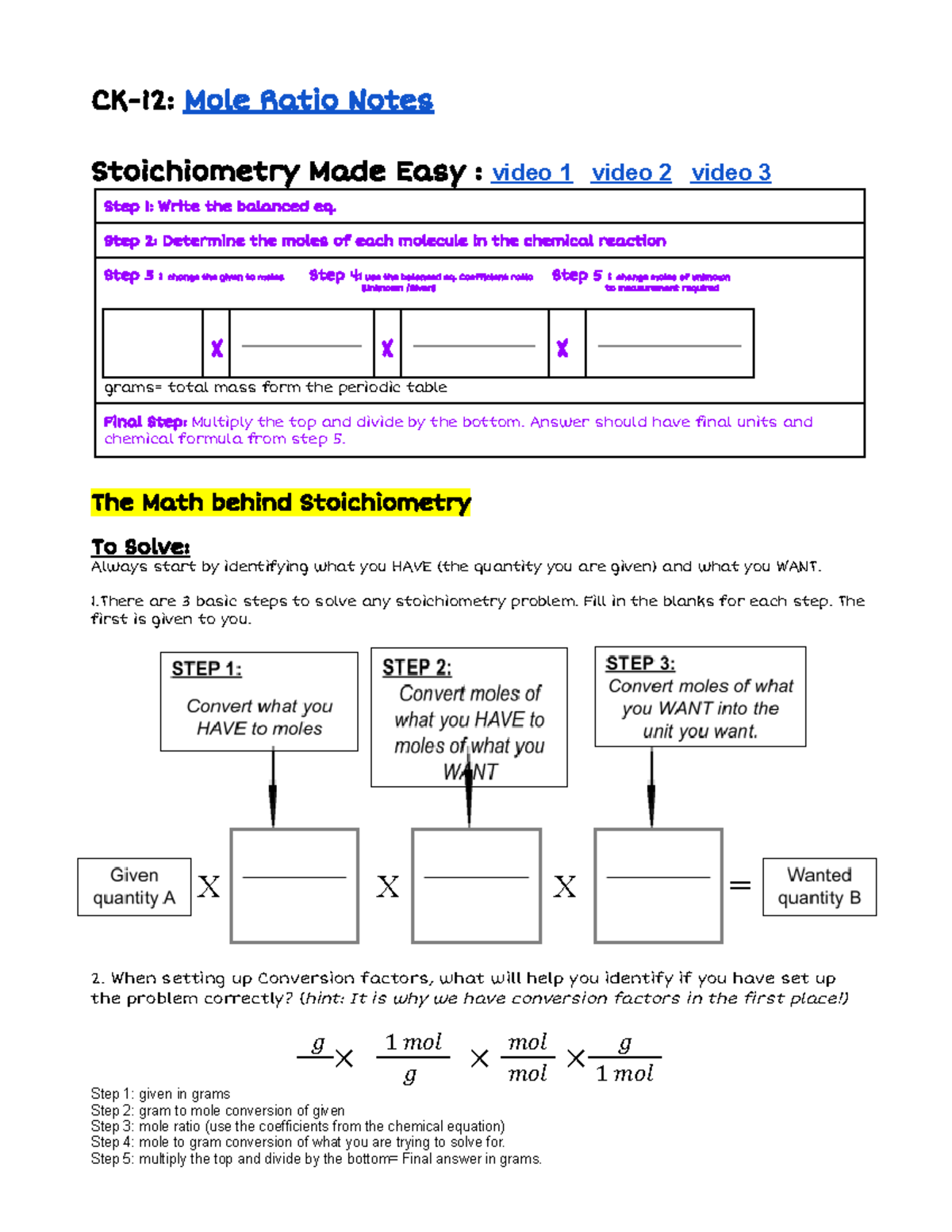 Stoichiometry Review - CK-12: Mole Ratio Notes Stoichiometry Made Easy ...