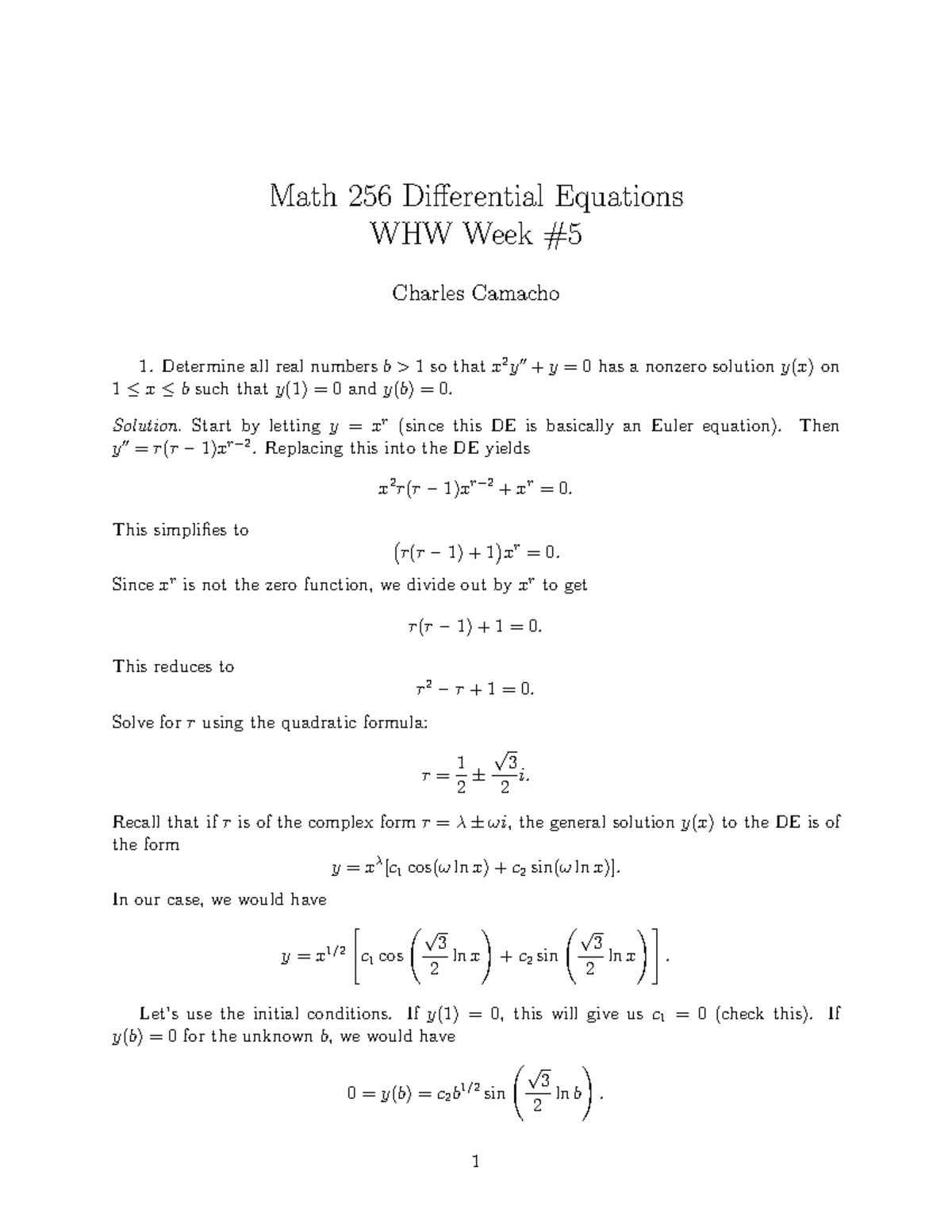 MTH256 ecampus WHW5 - Solution of HW5 - Math 256 Differential Equations ...