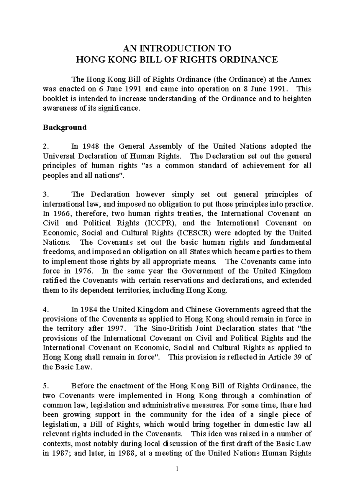 BORO-Inductory Chapterand Booklet-Eng - AN INTRODUCTION TO HONG KONG BILL OF RIGHTS ORDINANCE ...