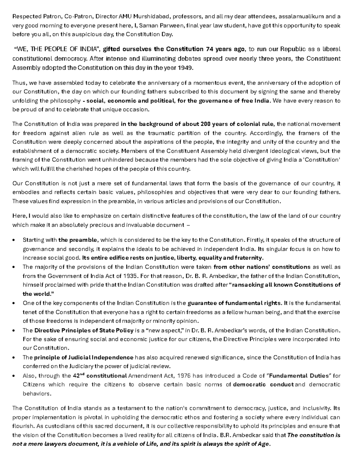 Speech constitution day - Respected Patron, Co-Patron, Director AMU ...