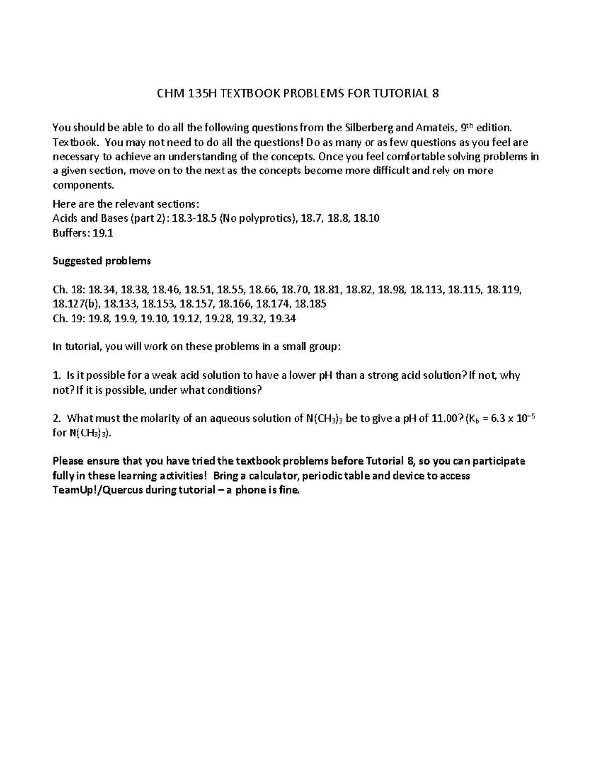 Tutorial 8-1 - CHM 135H TEXTBOOK PROBLEMS FOR TUTORIAL 8 You should be ...