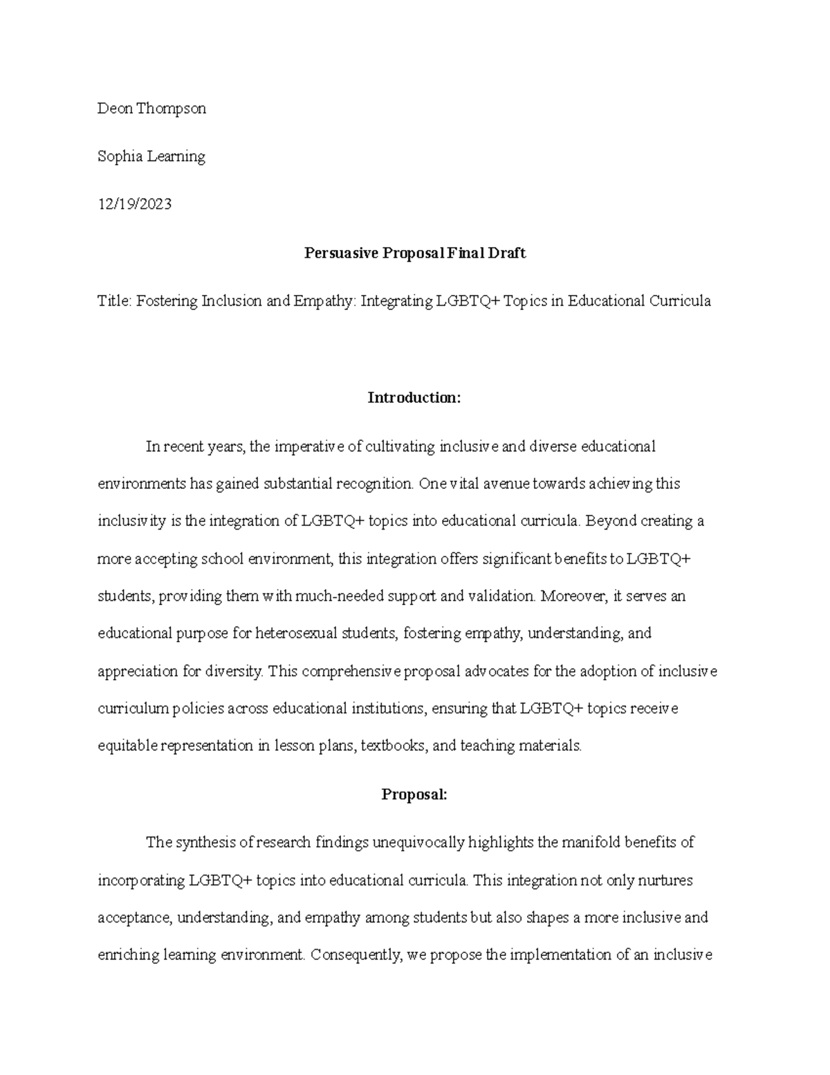 Persuasive Proposal Final Draft - Deon Thompson Sophia Learning 12/19 ...