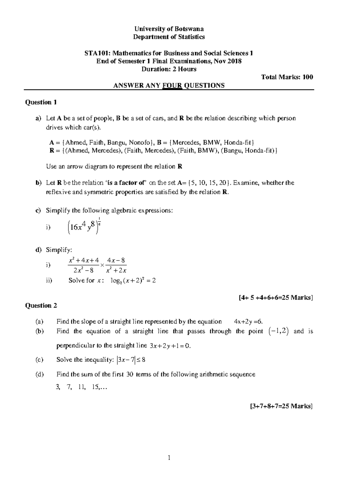 Main Exam-Sem 1-2018 - 2019 exam paper - 1 University of Botswana ...