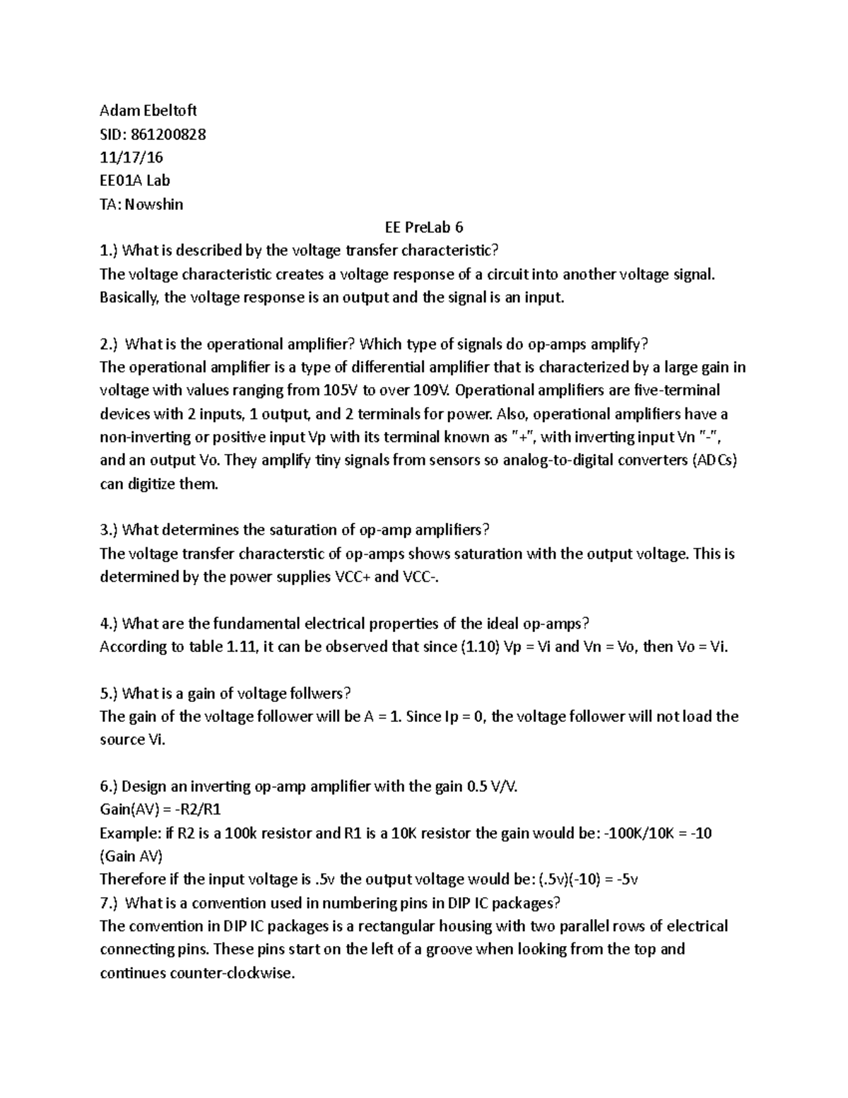 EE1A Pre-Lab6 - mandatory pre lab - Adam Ebeltof SID: 861200828 EE01A ...