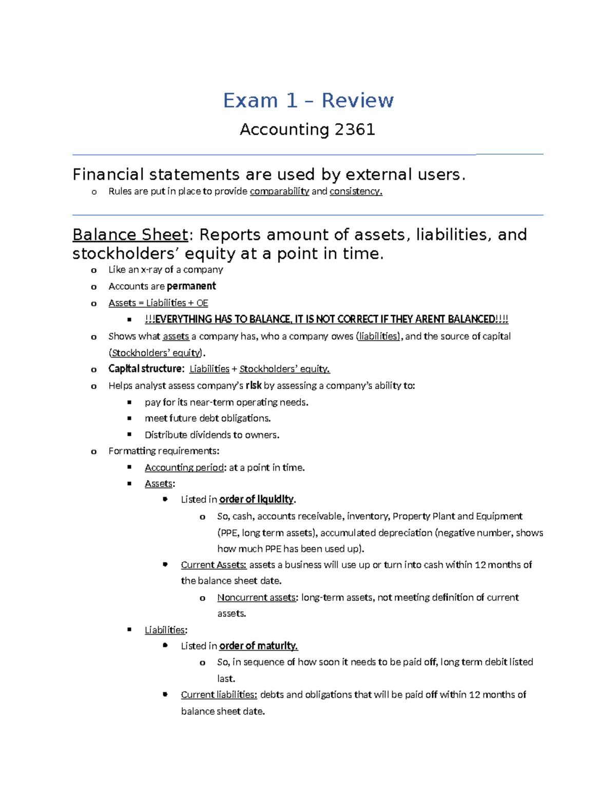 Exam 1 - review - Exam 1 – Review Accounting 2361 Financial statements ...