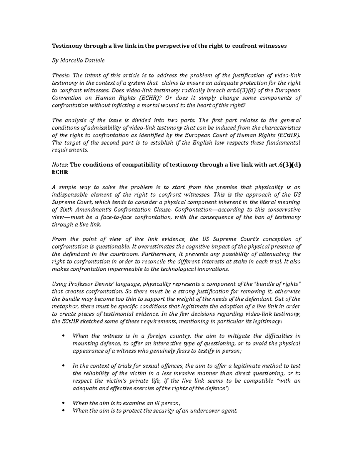 Testimony through a live link in the perspective of the right to ...