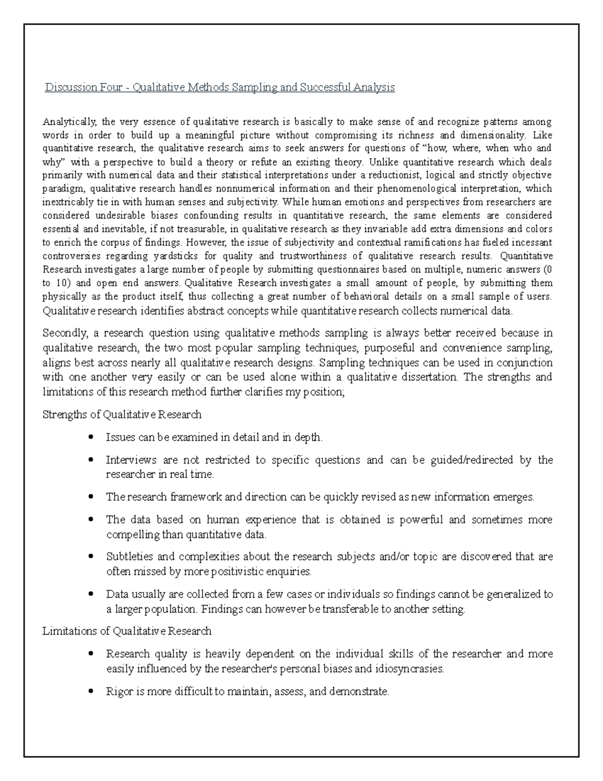 PA 556-Discussion Four - Discussion Four - Qualitative Methods Sampling and Successful Analysis ...