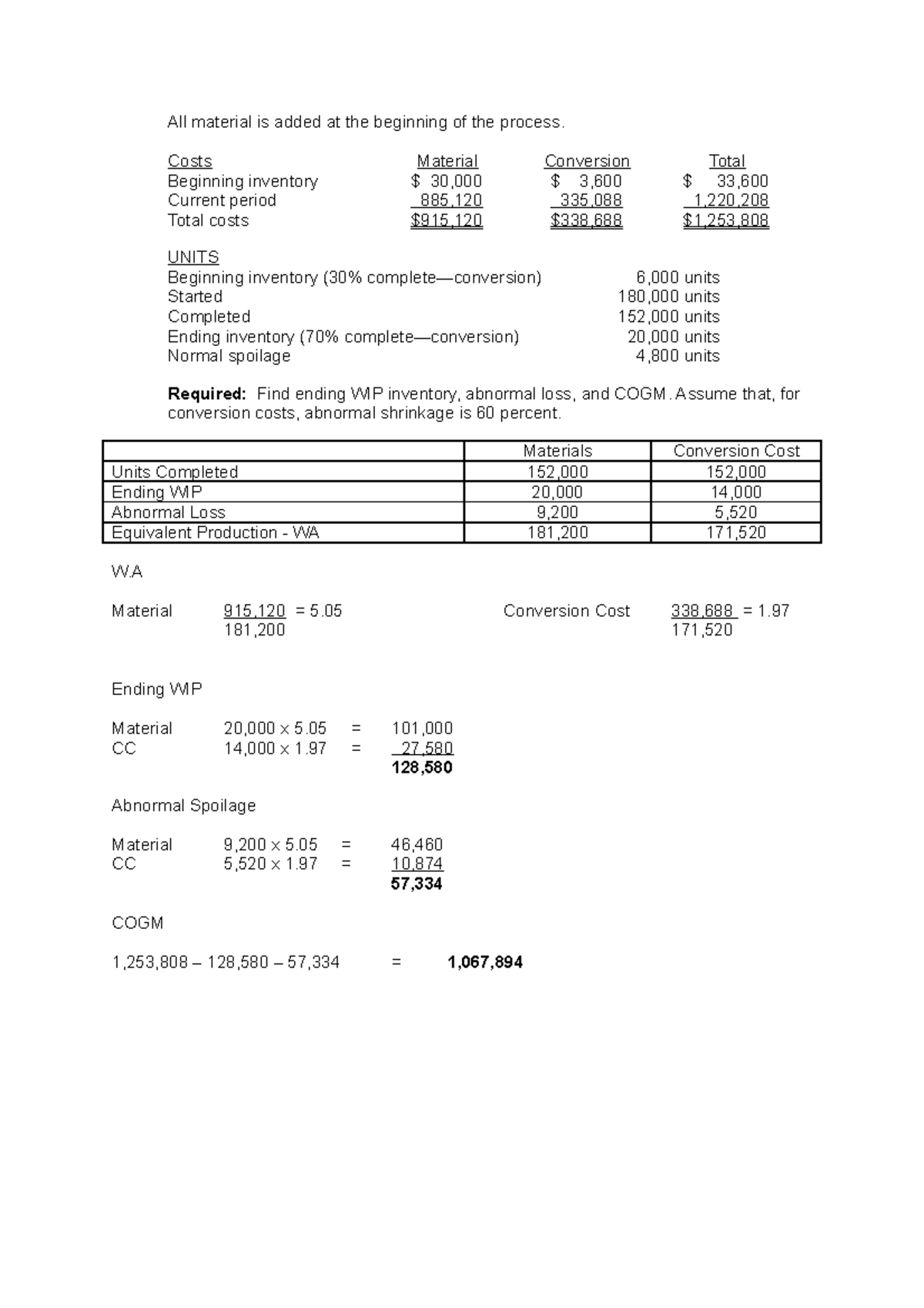 Activity Lost unit - All material is added at the beginning of the ...