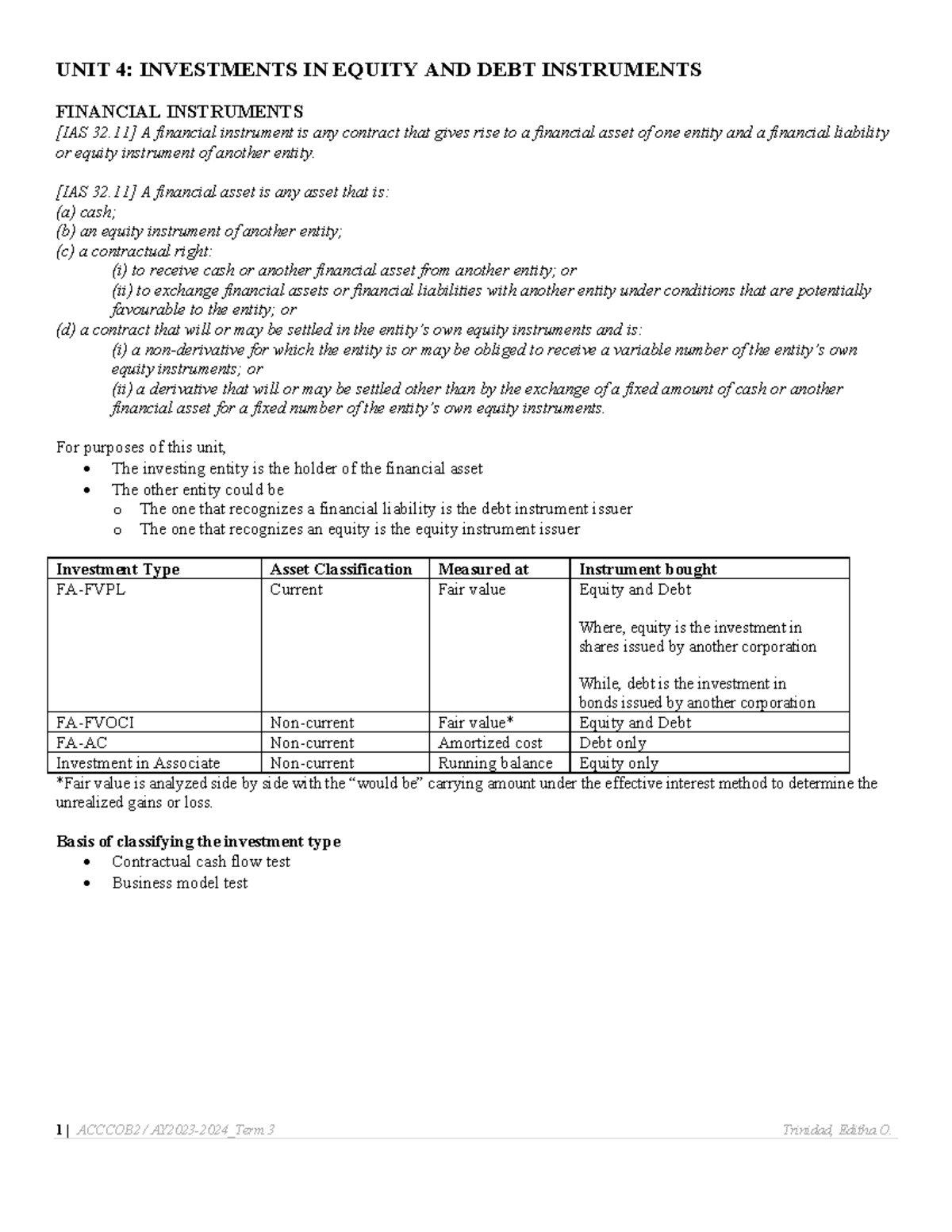 Acccob 2 Unit 4 Investments in Equity and Debt Instruments Study Guide ...