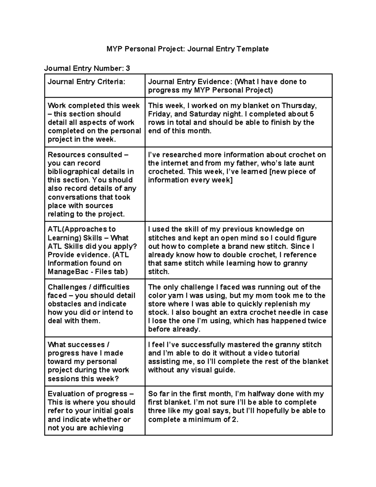 Copy of MYP Personal Project Journal Entry Template - MYP Personal ...