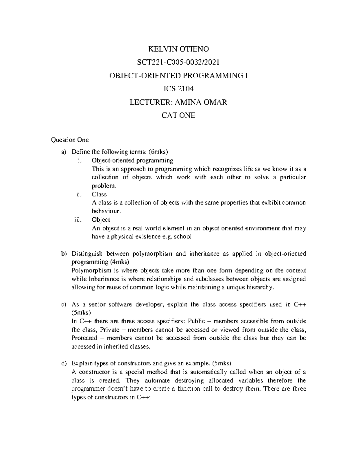 Object Oriented Programming CAT one - KELVIN OTIENO SCT221-C005-0032 ...