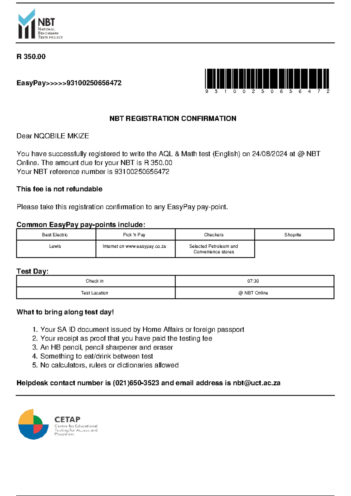 NBT - the tests for lifee - R 350. EasyPay>>>>> NBT REGISTRATION ...
