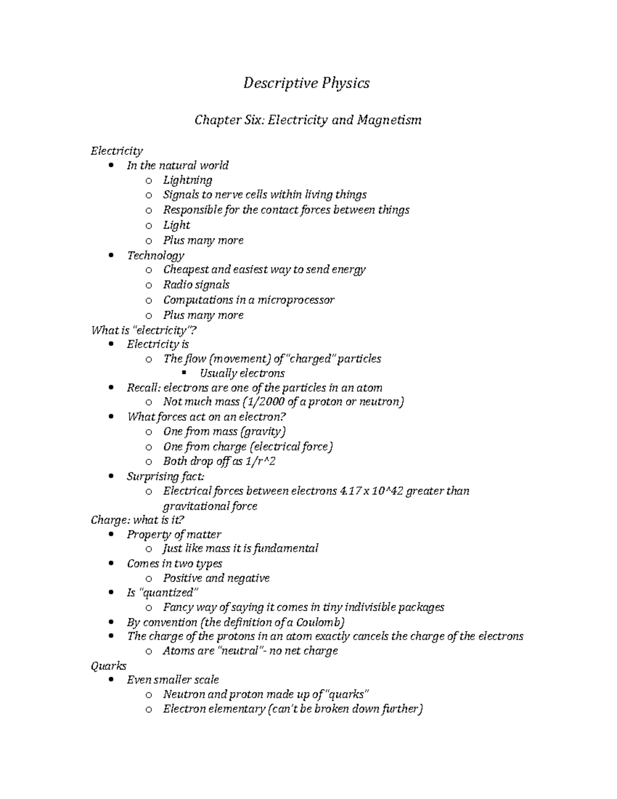 Chapter six notes - Descriptive Physics Chapter Six: Electricity and ...