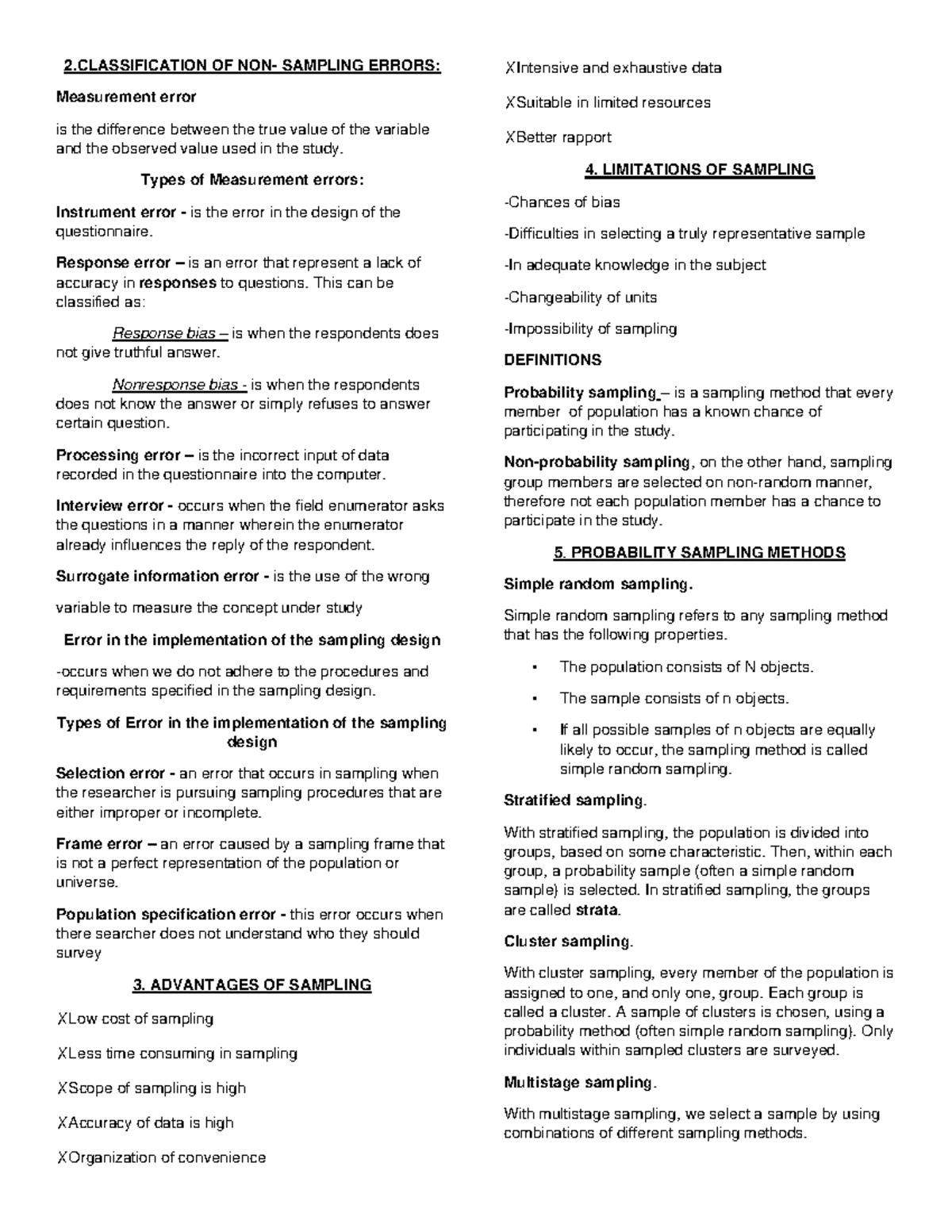 Statistics Chapter Notes 2-Sampling Method - Bachelor of Science in ...