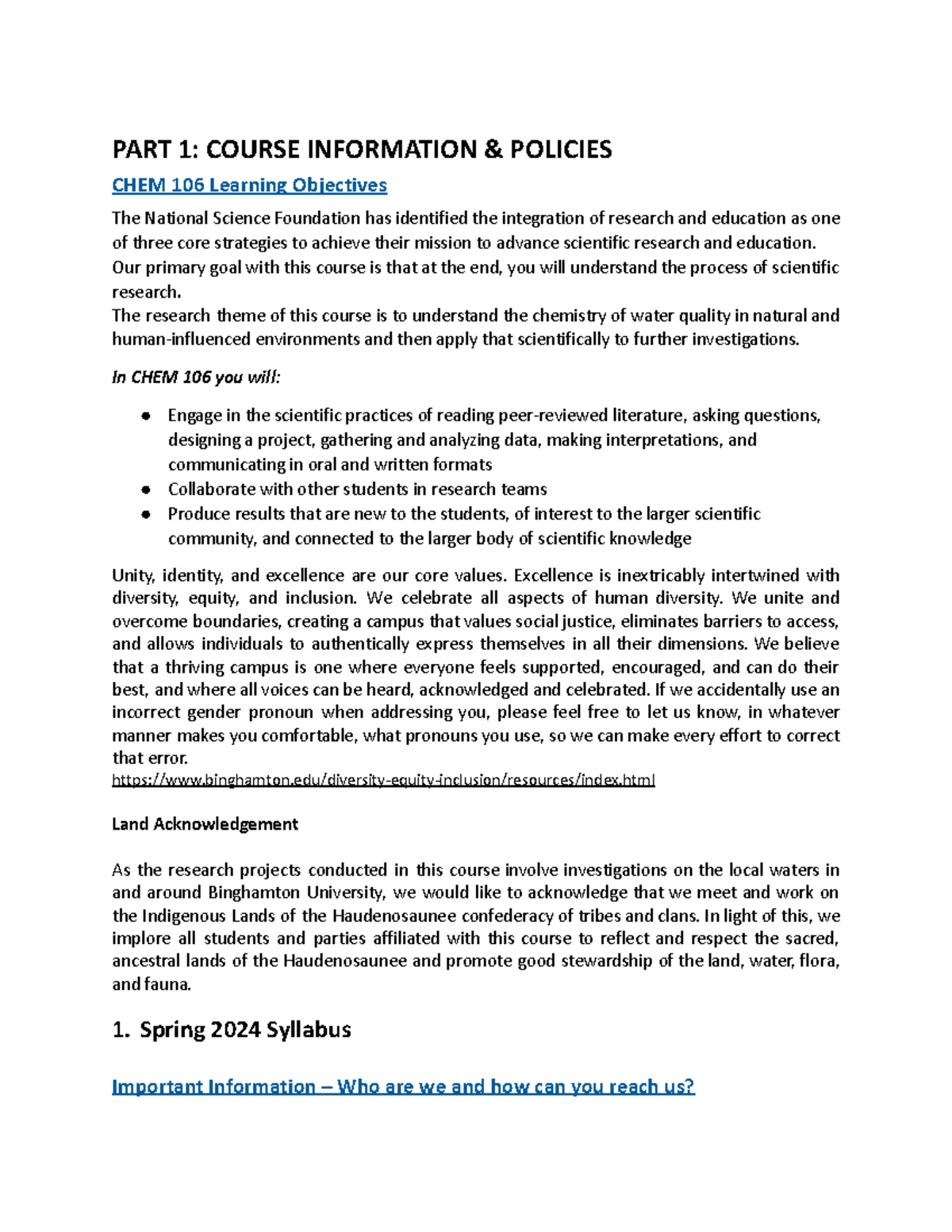 4 Syllabus Spring 2024 - PART 1: COURSE INFORMATION & POLICIES CHEM 106 Learning Objectives The ...