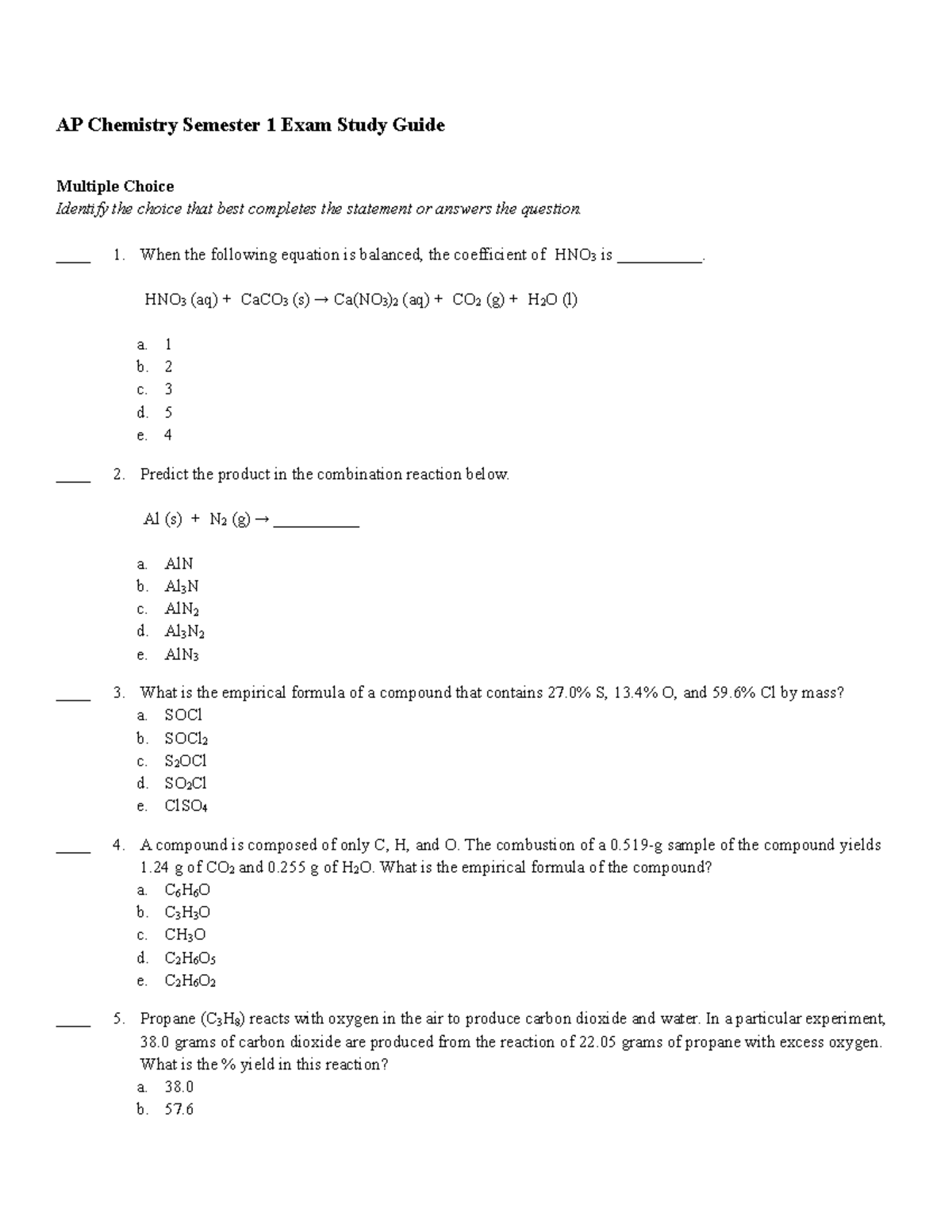 AP sem1 study guide - AP Chemistry Semester 1 Exam Study Guide Multiple ...