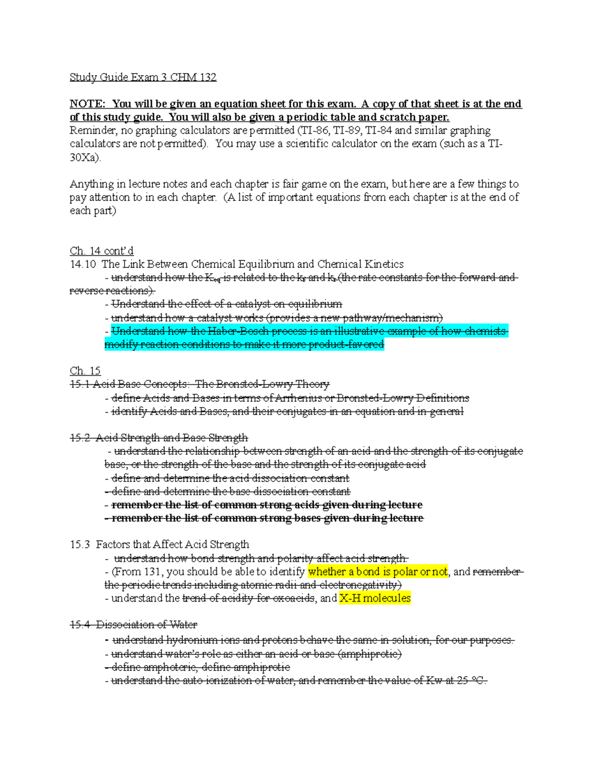 Exam 3 Study Guide - Study Guide Exam 3 CHM 132 NOTE: You will be given an equation sheet for ...
