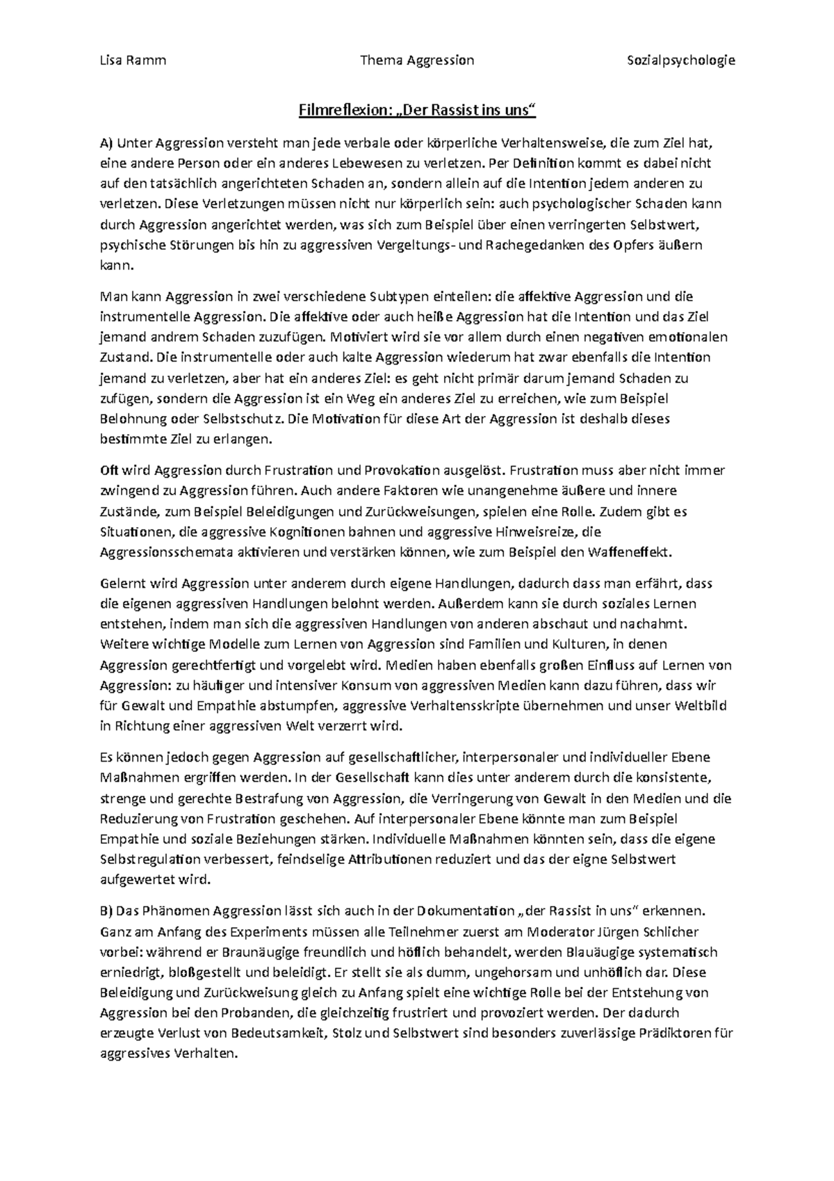 HÜ2 RAMM Gruppe 4 - Note: 1 - Lisa Ramm Thema Aggression ...