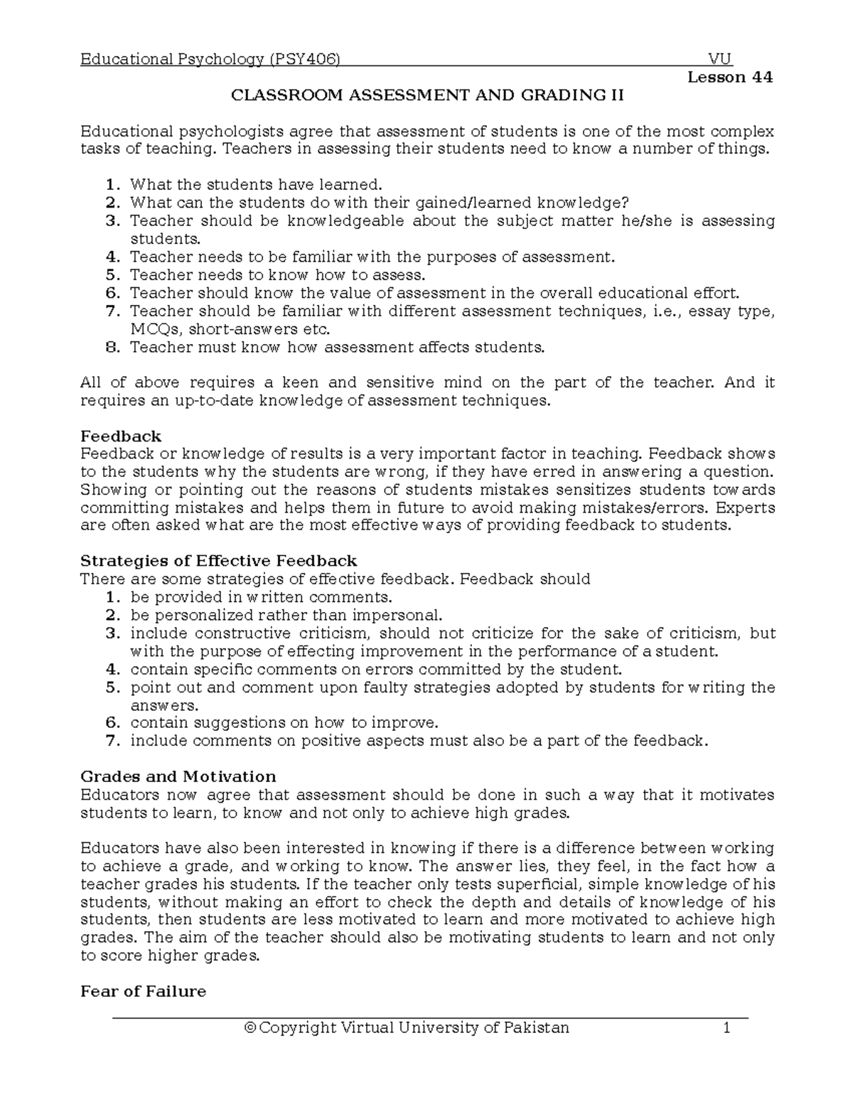 PSY406 Marked Handout 3 - Lesson 44 CLASSROOM ASSESSMENT AND GRADING II ...