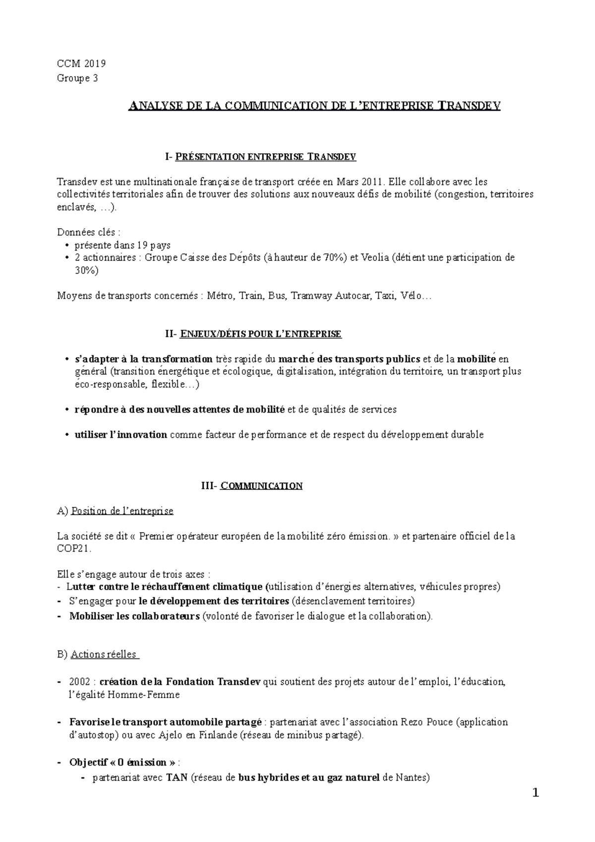 Analyse de la communication de l’entreprise Transdev - CCM 2019 Groupe 3 A NALYSE DE LA - Studocu