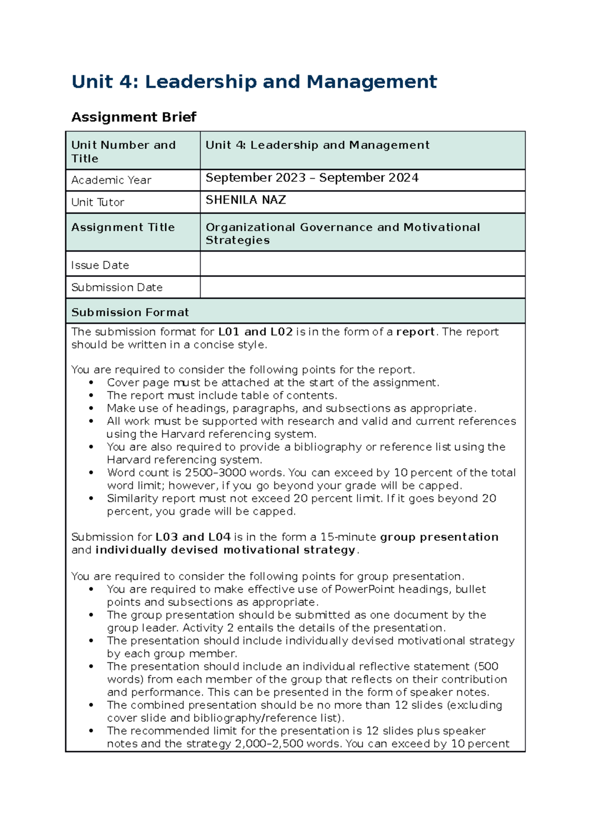04-L&M Assignment Brief Sep 2023 - Unit 4: Leadership and Management Assignment Brief Unit ...