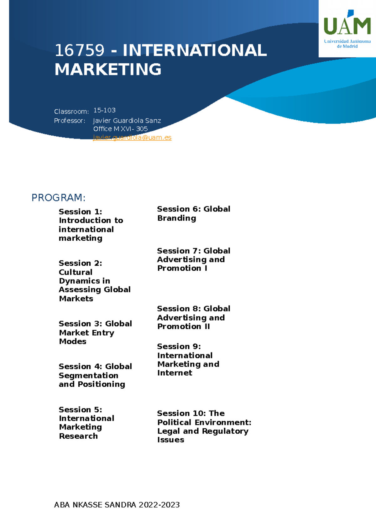 Imark- Course 2022 09 - 16759 - INTERNATIONAL MARKETING Classroom: 15 ...