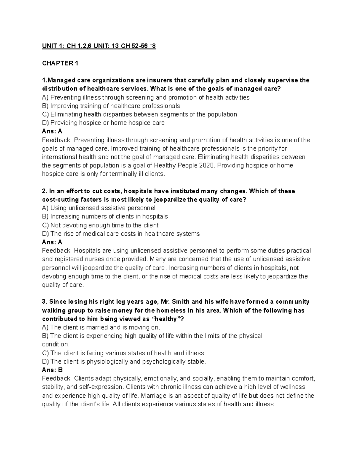 UNIT 1: CH 1,2,6 UNIT: 13 CH 52-56 *8 - UNIT 1: CH 1,2,6 UNIT: 13 CH 52-56 * CHAPTER 1 1 care ...