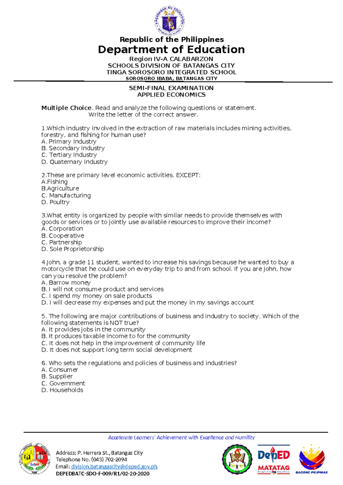 SEMI-Final exam - this can as additional resources - Department of ...