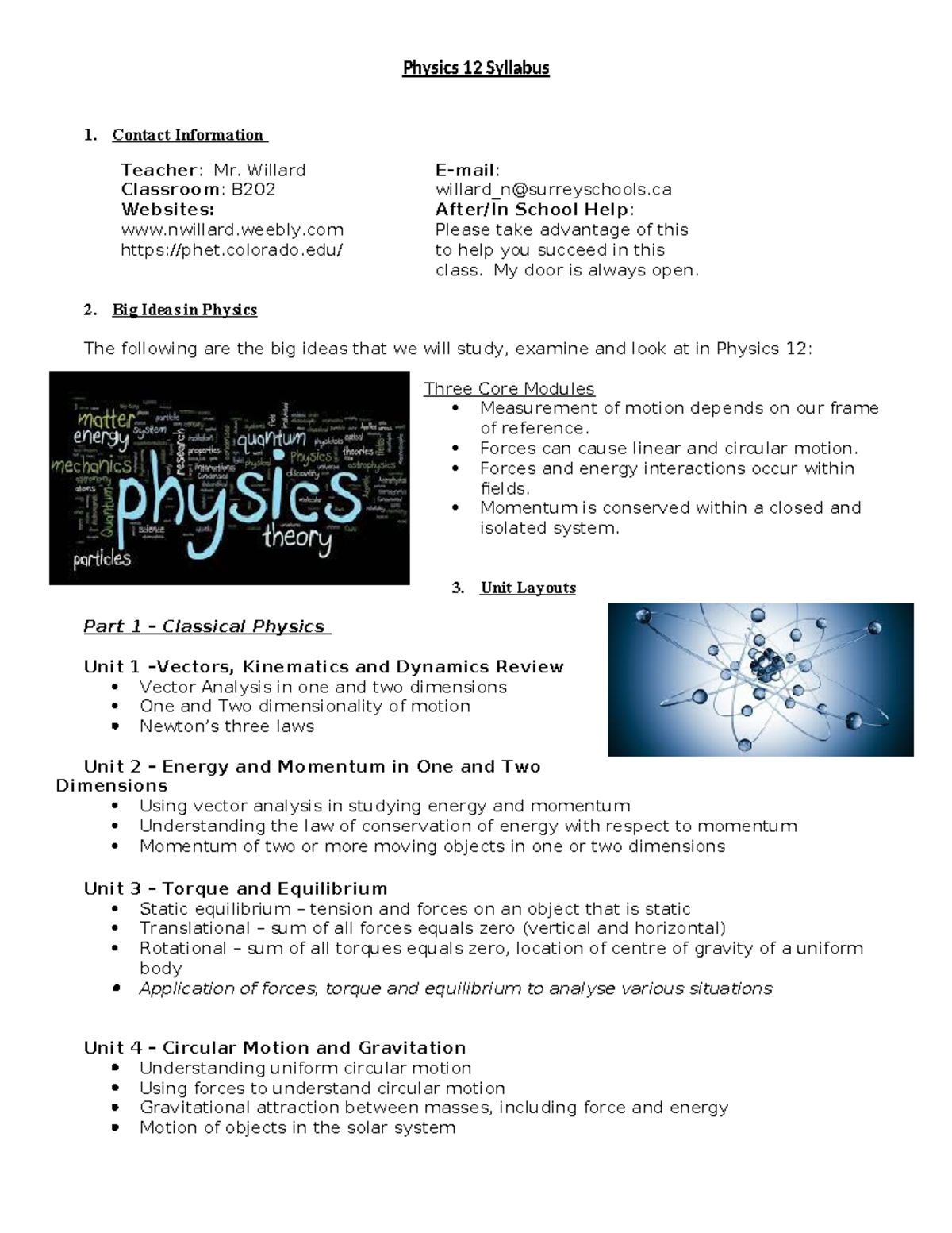 Physics 12 syllabus - Physics 12 Syllabus Contact Information Teacher ...