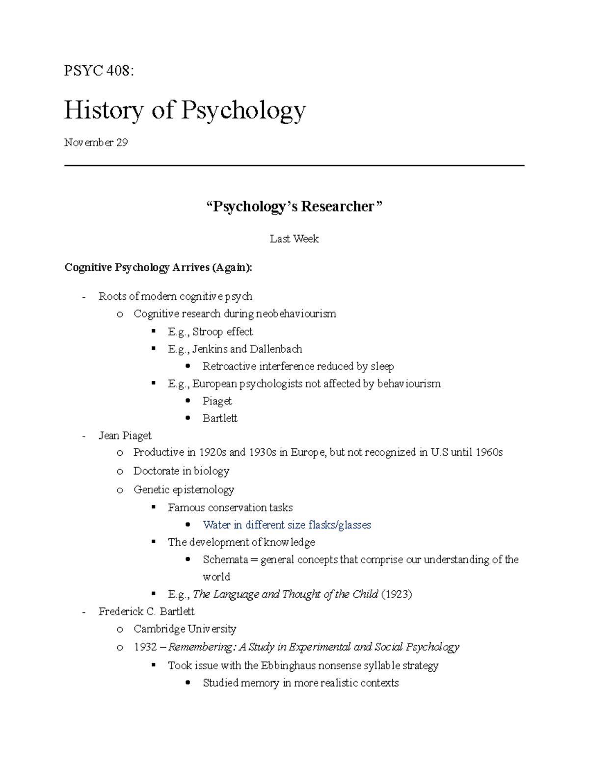PSYC 408 Week 13 Lecture 12 - PSYC 408: History of Psychology November ...